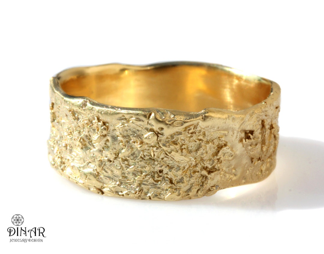 Rustic Gold Men Wedding Ring Band, Organic Raw Textured Tree Bark Hand ...