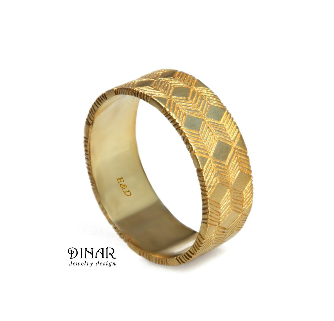 Art Deco Hand Engraved Star of David Men Gold Wedding Ring Band, 14k ...