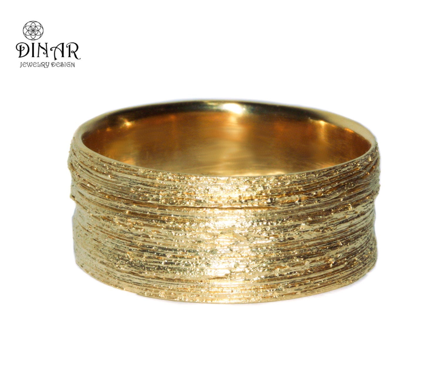 Wide 14k Rustic Texture Gold Band hand Crafted Coral Solid | Etsy