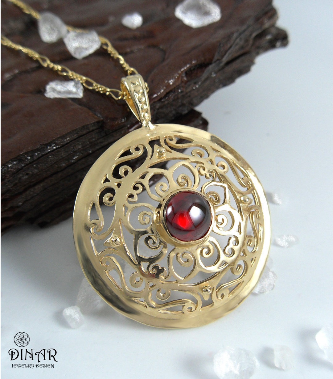 14k Gold Pendant Medieval Style Antique Decorations Set With Red Garnet ...