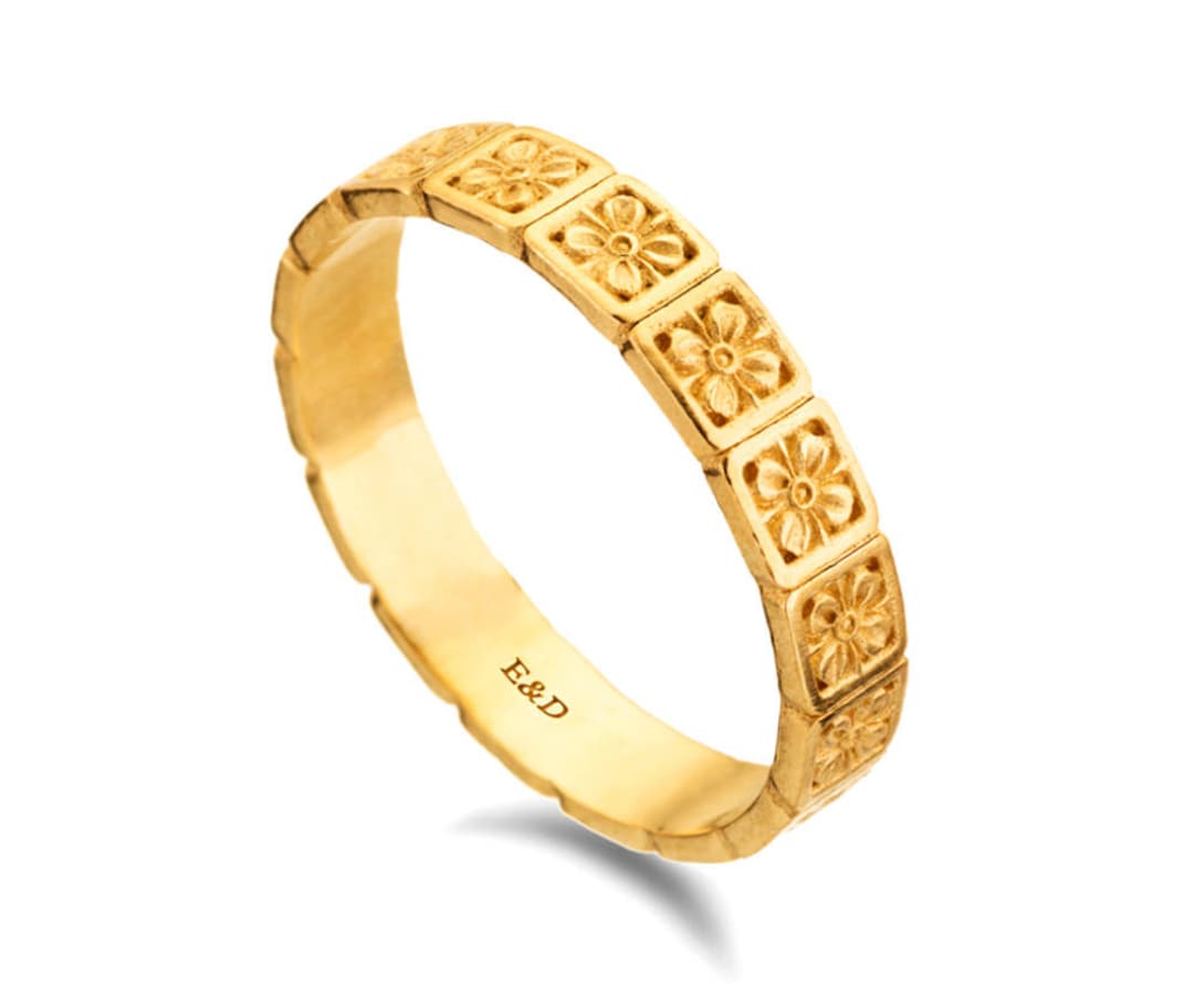 Engraved Flowers Gold Ring, Floral Wedding Ring , Art Deco Engraved ...