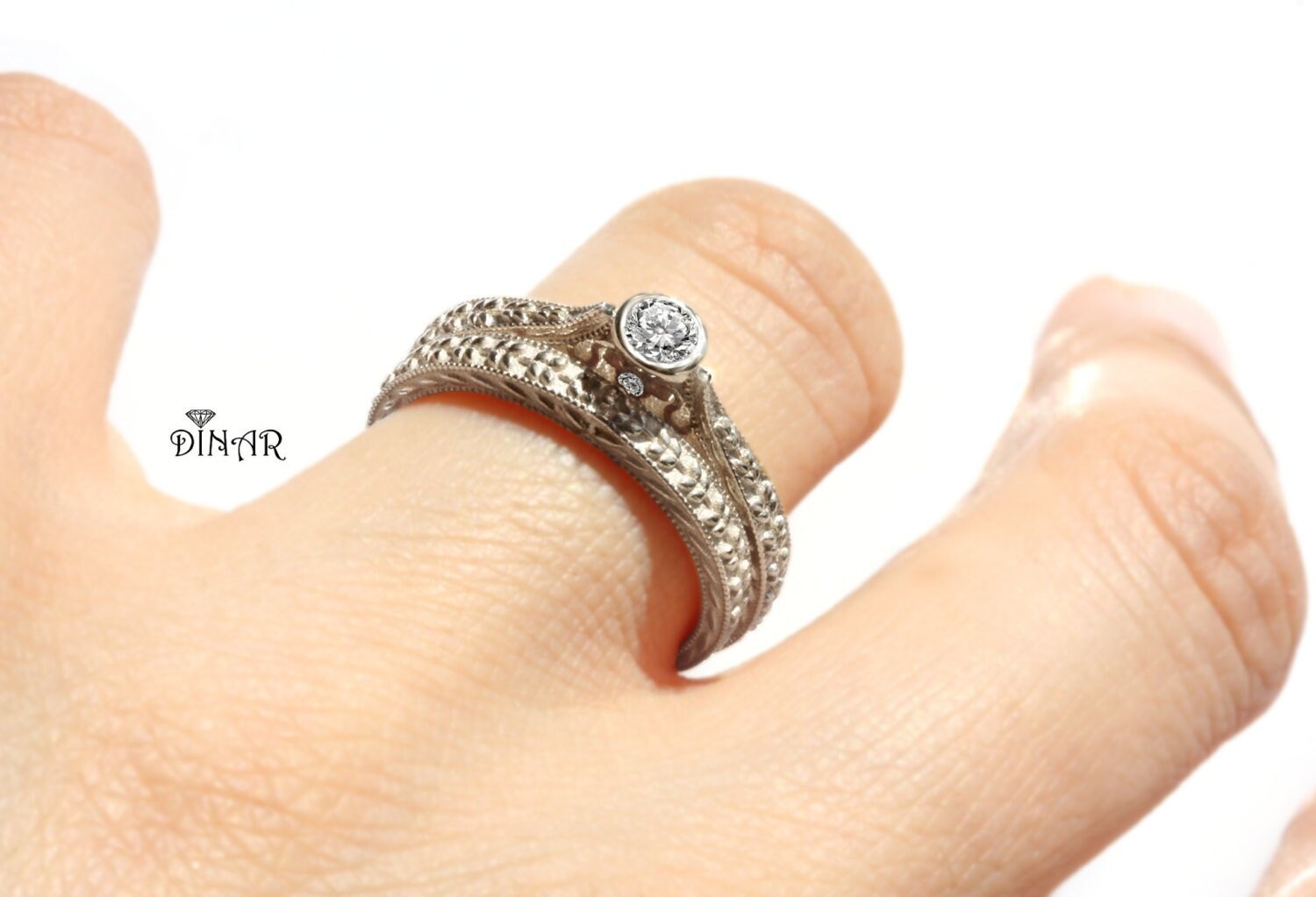 Solitaire Bridal Set Bezel Diamond Engagement Ring and Gold | Etsy