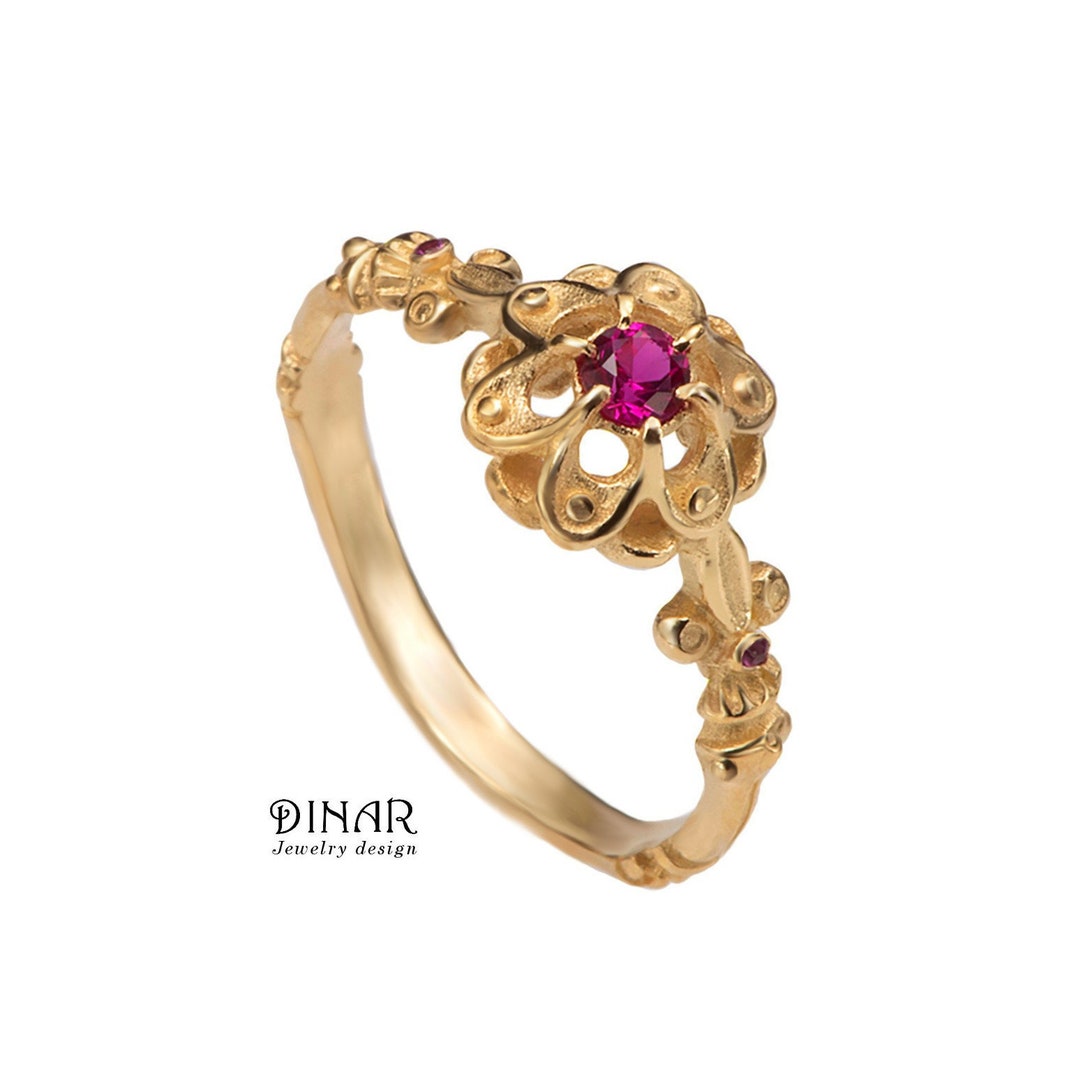 Ruby Engagement Flowers Vintage Gold Ring, Floral Solitaire Antique ...