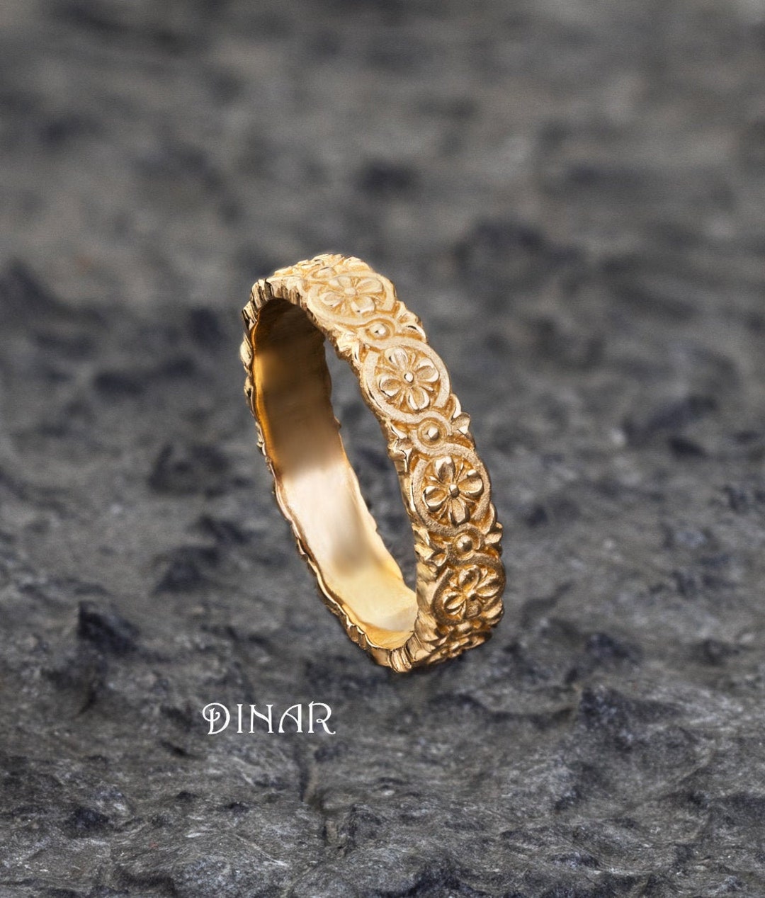 14k Dainty Floral Gold Ring, Flowers Leaves Engraved Thin Flourish ...
