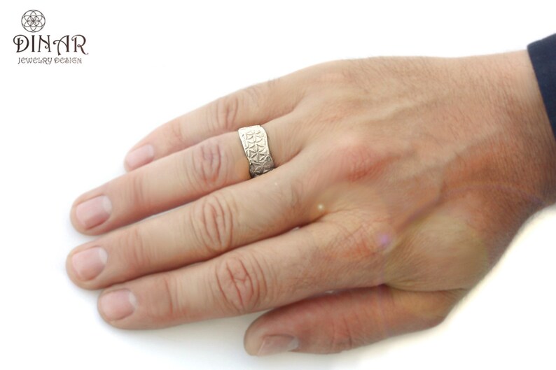 18k Flower of Life Wide Gold Men's Wedding Ring , Engraved Flowers ...