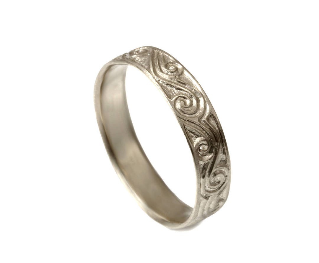 Gold Wedding Band, Men's Wedding Band, Hand Engraved, 14k White Gold ...