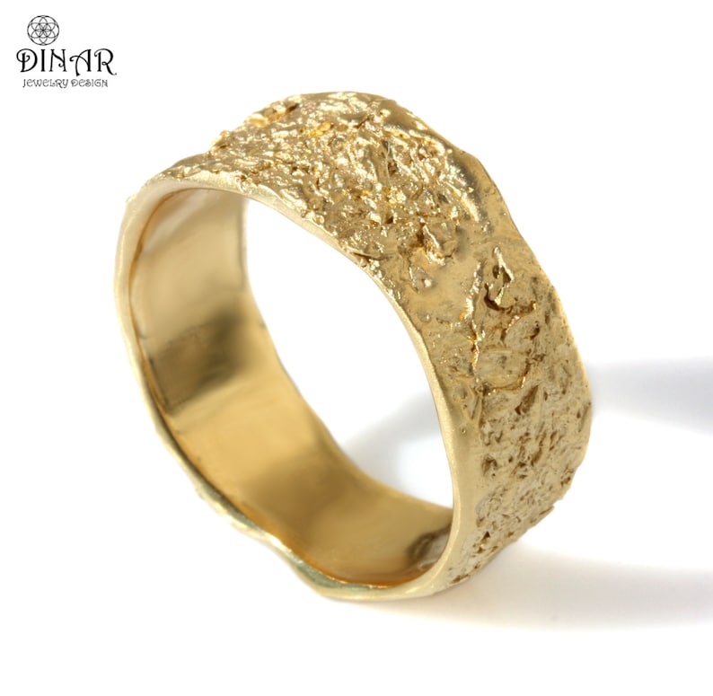 Rustic Gold Men Wedding Ring Band, Organic Raw Textured Tree Bark Hand ...