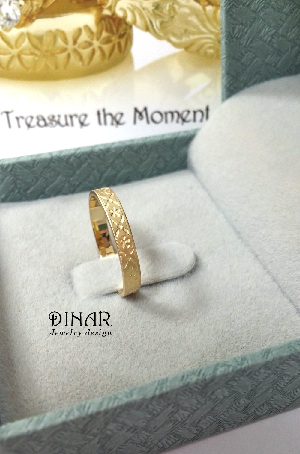 14k Gold Stack Ring Thin Solid Gold Engraved Floral Wedding | Etsy