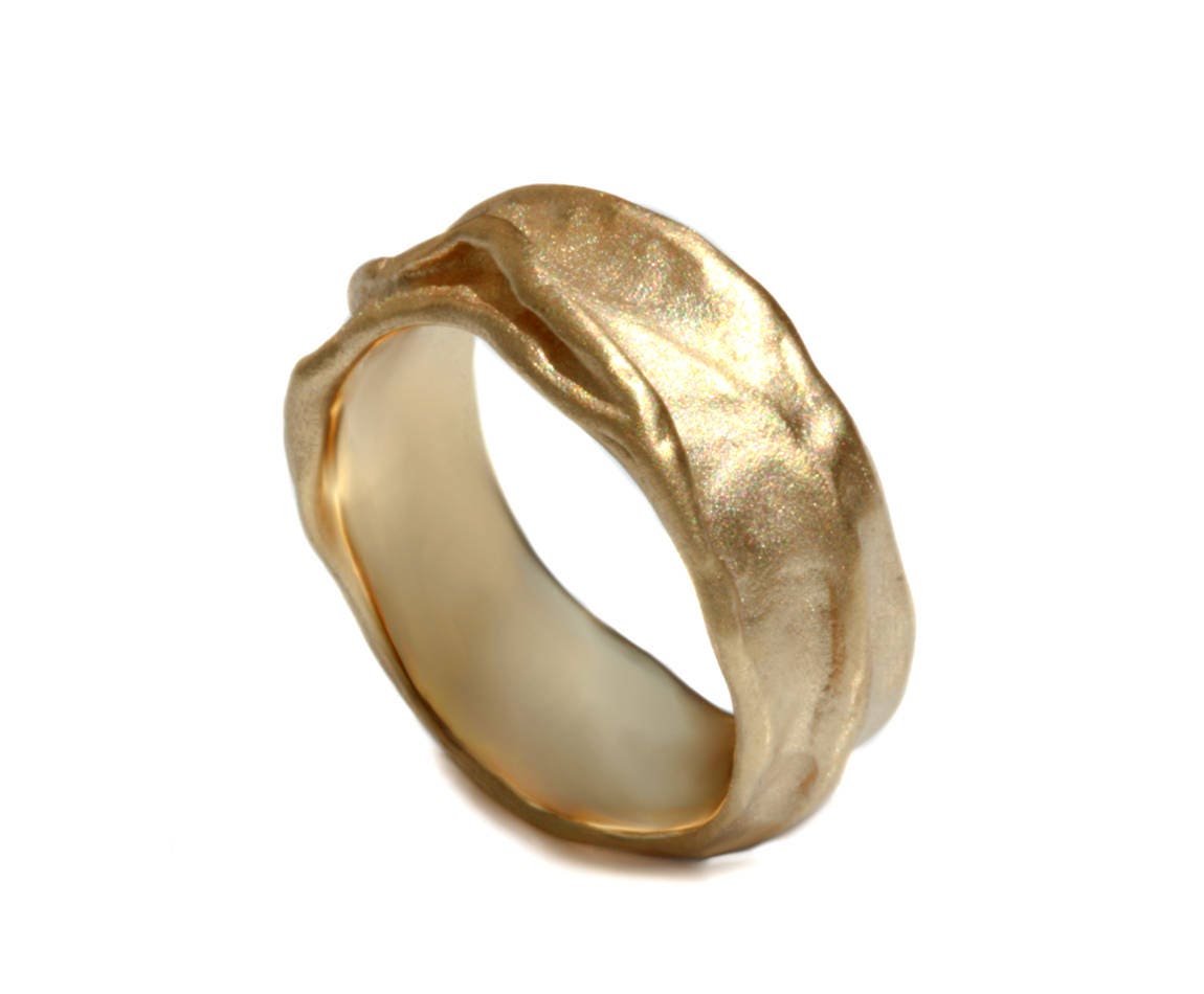 18k Solid Gold Brushed Gold Rustic Ring Thick Band Folded | Etsy