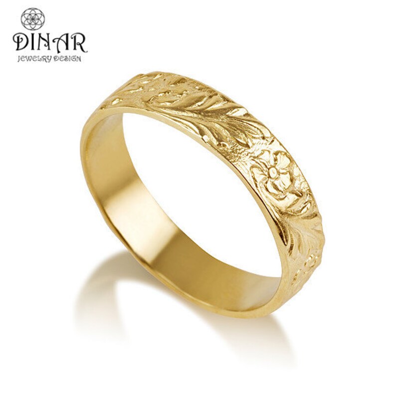 Leaves and Flowers Wedding Ring 14k 18k Solid Gold , Floral Pattern ...