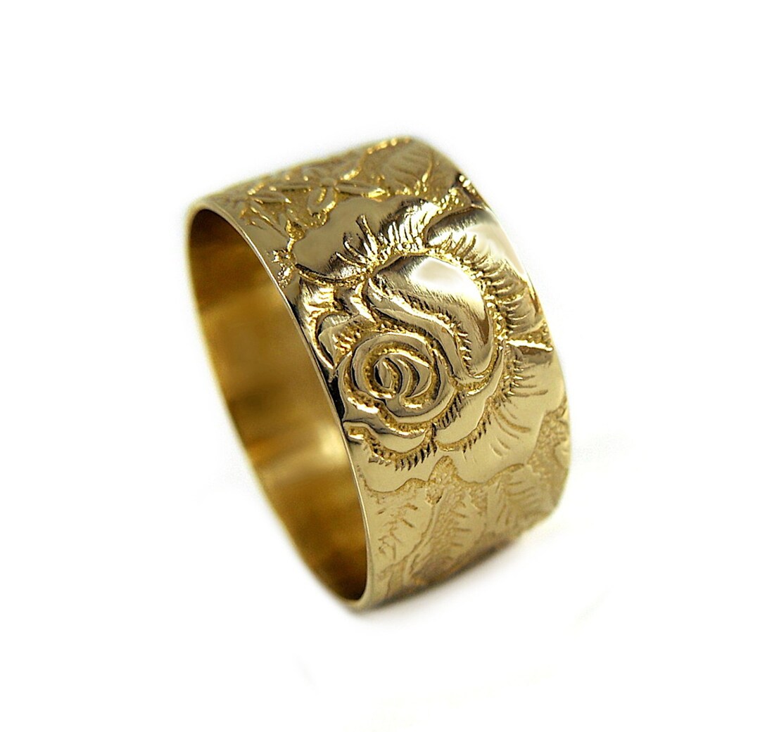 Rose Flower 18k Gold Engraved Wide Wedding Ring Band ,victorian Style ...