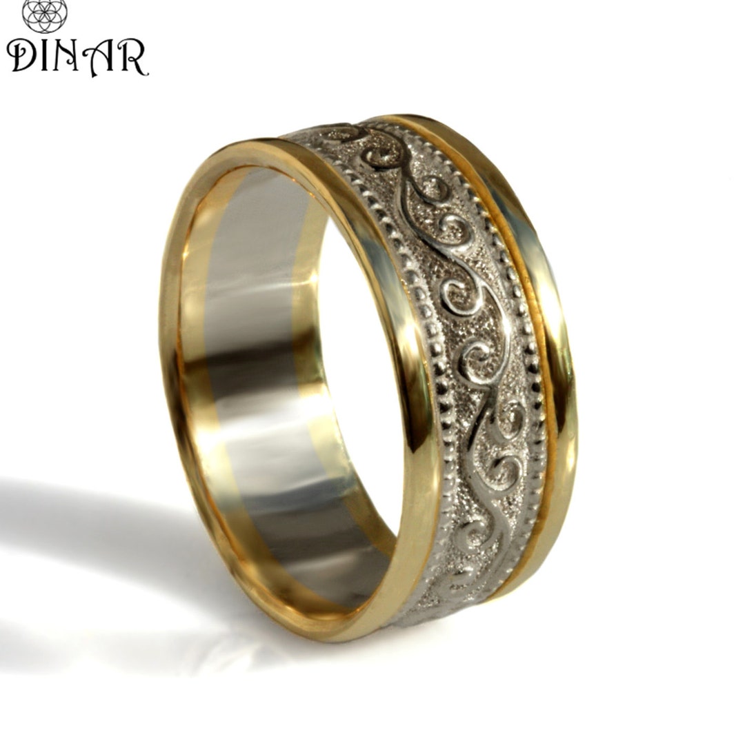 Silver and 14k Gold Man Wedding Ring Mixed Metal Wide Art Deco Men's ...
