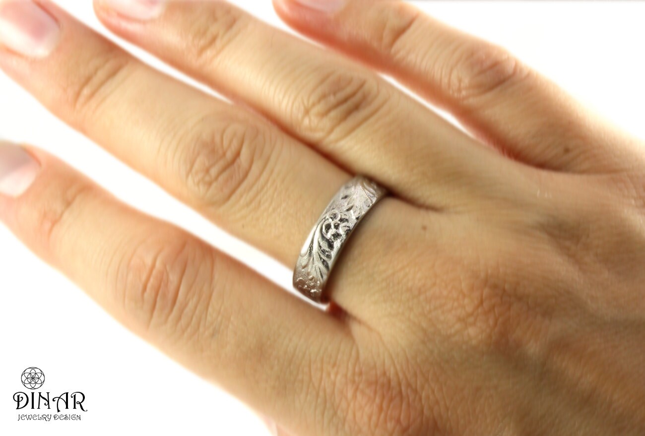 Engraved flowers leaves women wedding ring handmade floral | Etsy