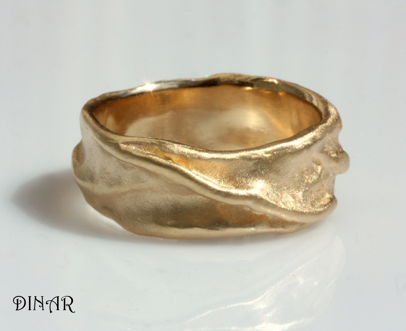 18k Solid Gold Brushed Gold Rustic Ring Thick Band Folded | Etsy