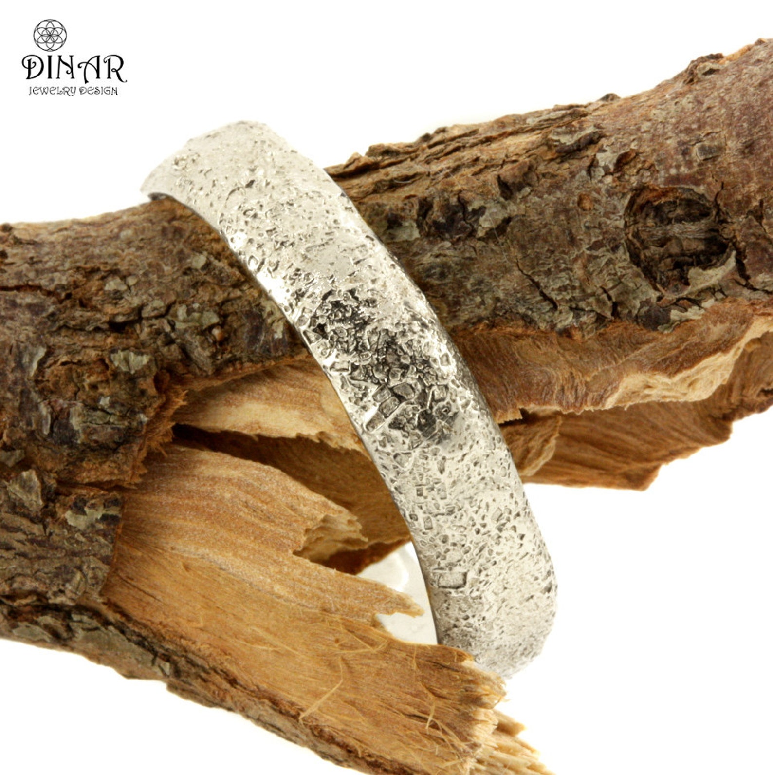 Nature Inspired 18k White Gold Rustic Texture Wedding Ring Band, Tree ...