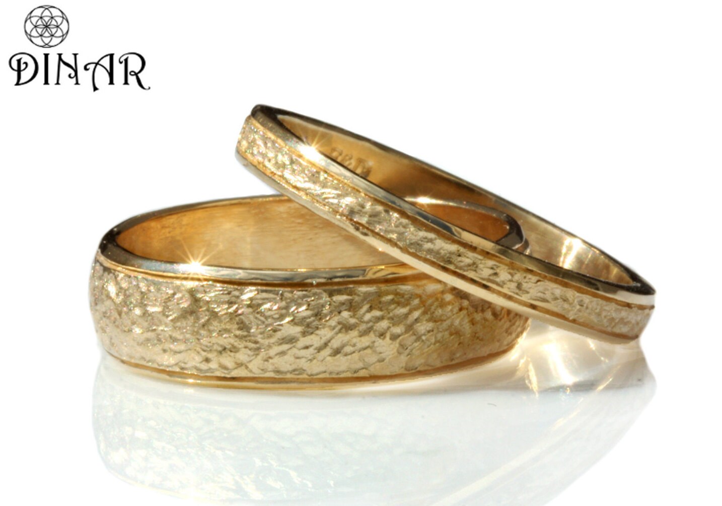 Rustic Wedding Set 14k Solid Yellow Gold Wedding Rings - Etsy