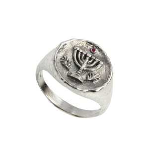 Silver Jewish Menorah Signet Ring, Israeli Antique Style Ring Jewish ...