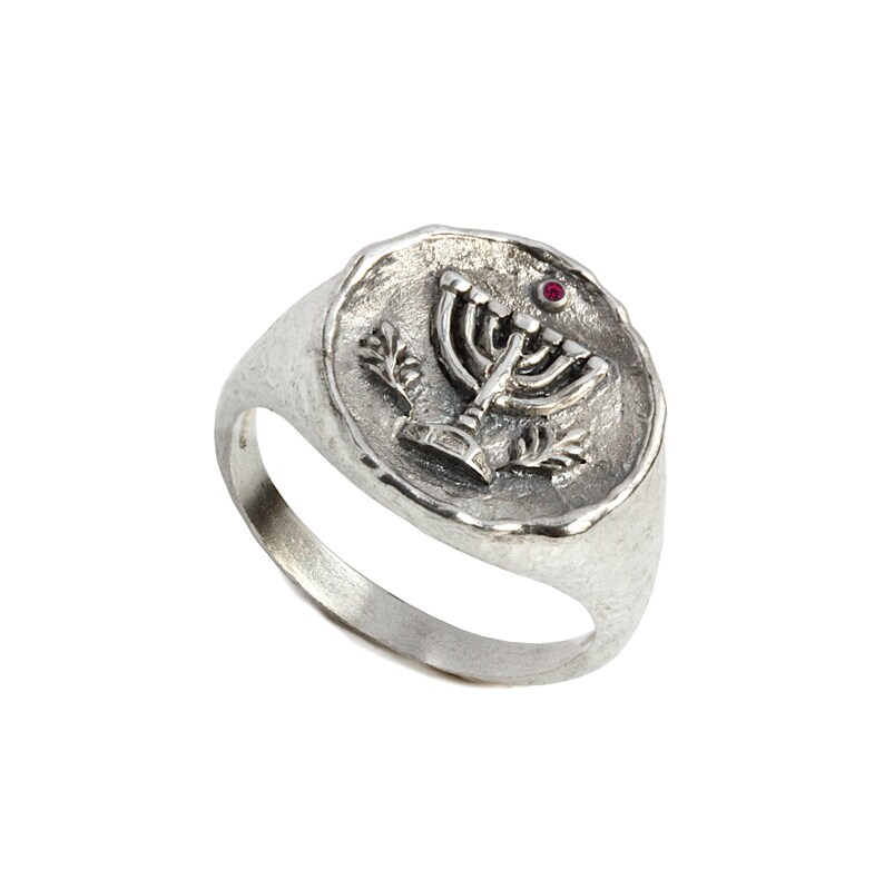Silver Jewish Menorah Signet Ring, Israeli Antique Style Ring Jewish ...