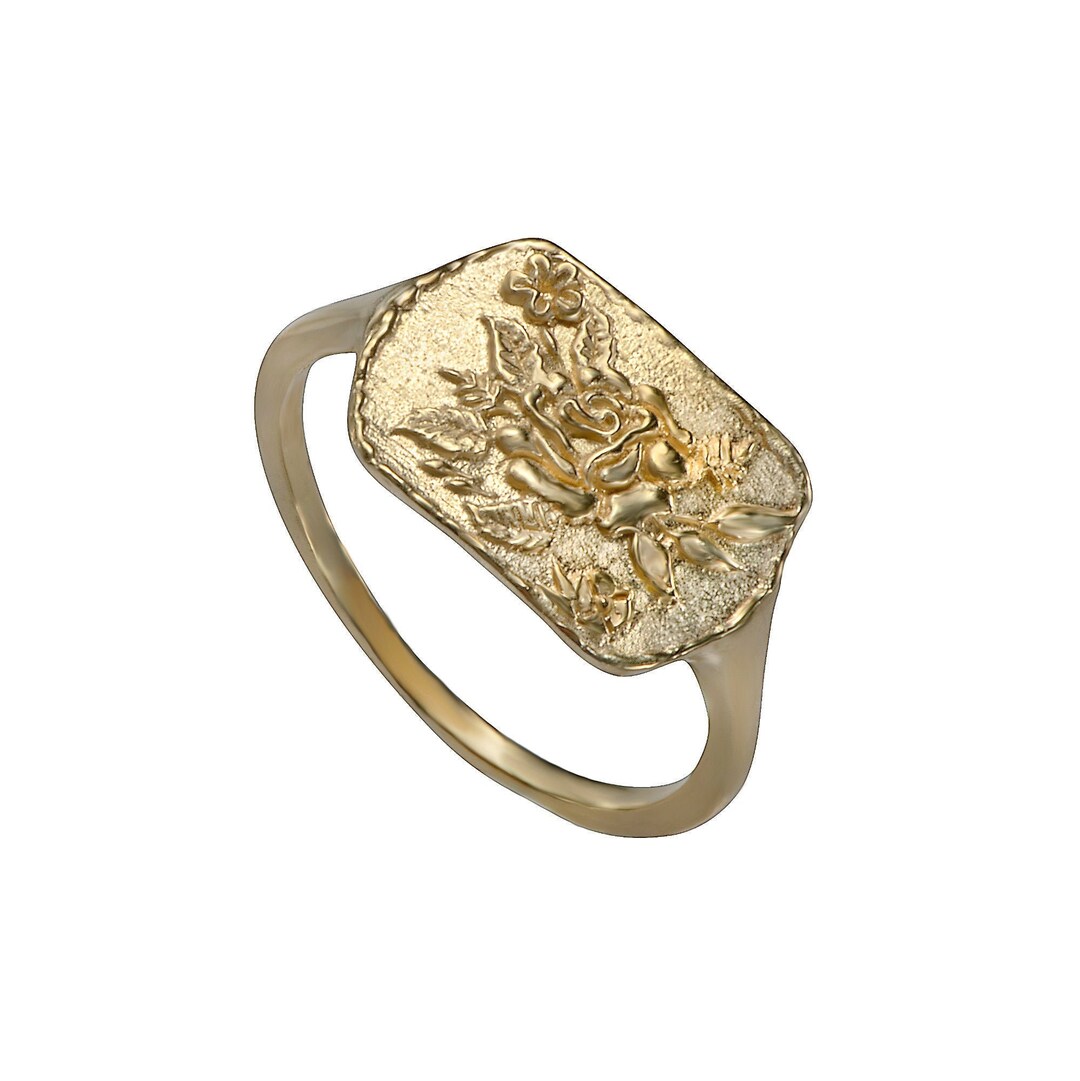 Rose Flower Signet Ring 14k Solid Gold Vintage Style Engraved Floral ...