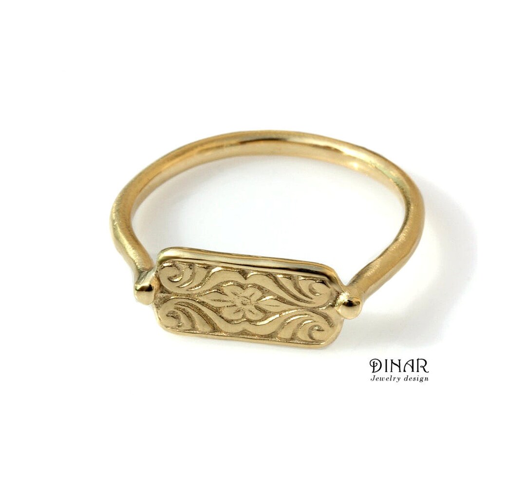 14K Gold Rectangle Women's Signet Ring, Floral Delicate Gold ...