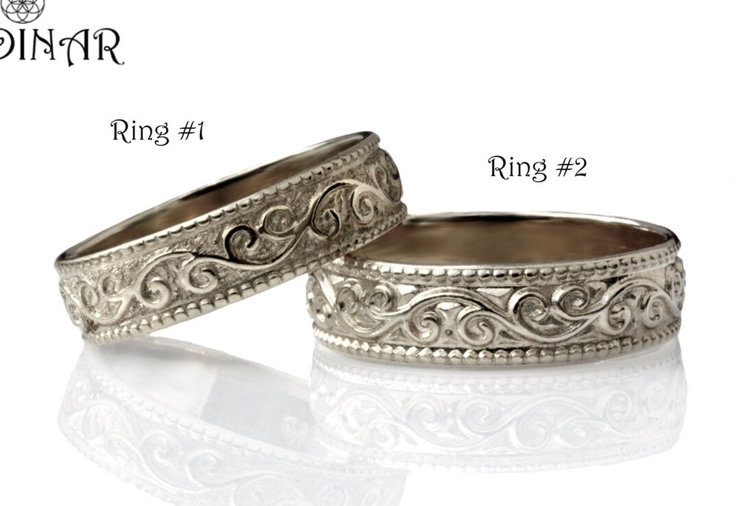 Scrolls 14k White Gold Couple Ring Set Art Deco Swirl Pattern - Etsy