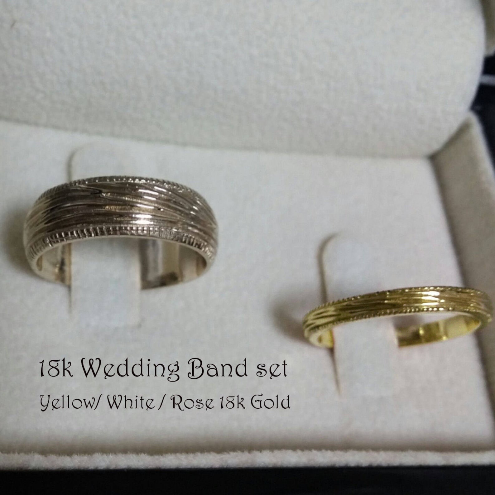 Woodgrain Wedding Band Set 18k Solid Gold Textured Wedding | Etsy