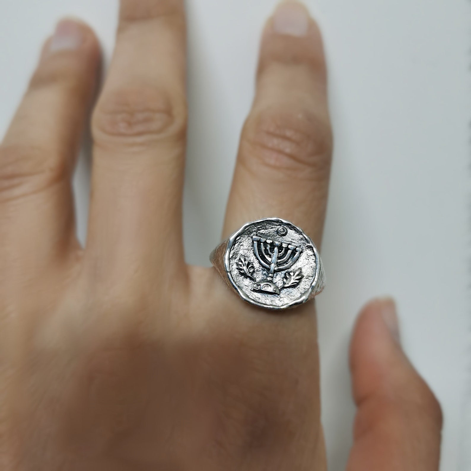 Silver Jewish Menorah Signet Ring, Israeli Antique Style Ring Jewish ...