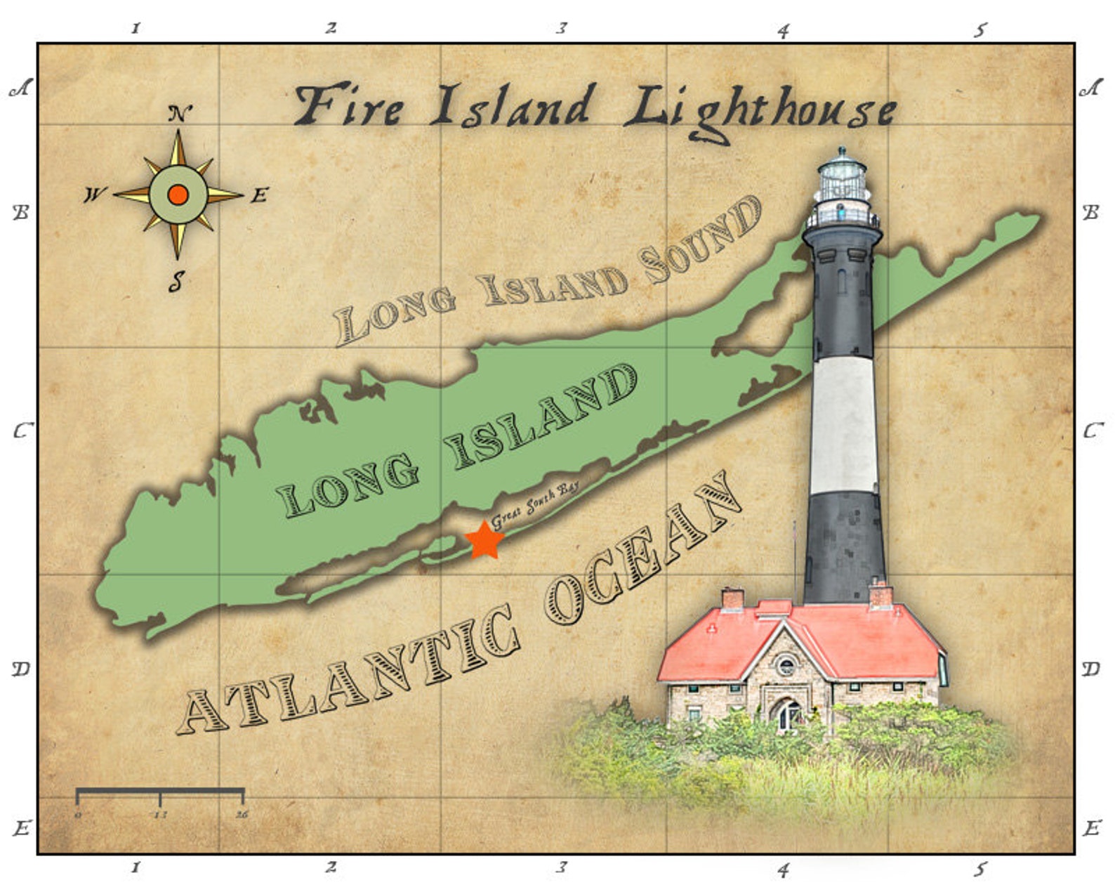 Fire Island Lighthouse and Stylized Long Island Vintage Map. Decoration ...