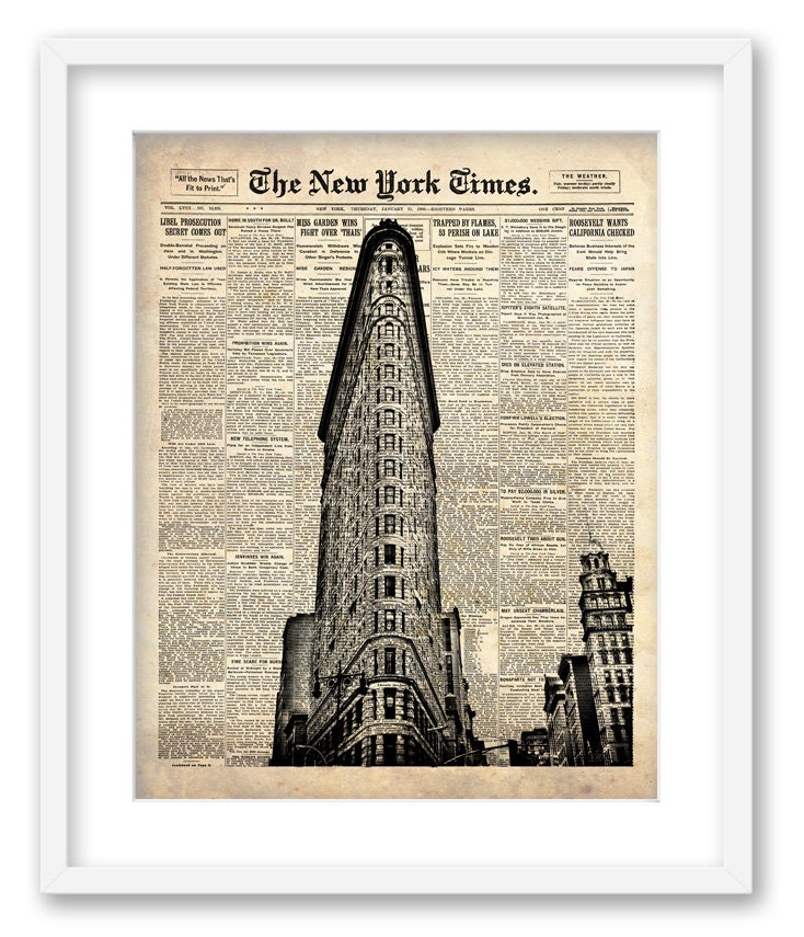 Flat Iron Building on New York Times Paper. NYC Wall Art Print 13"x17 ...