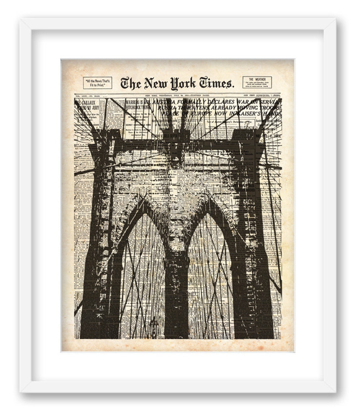 Brooklyn Bridge on New York Times Paper. NYC Wall Art Print. - Etsy