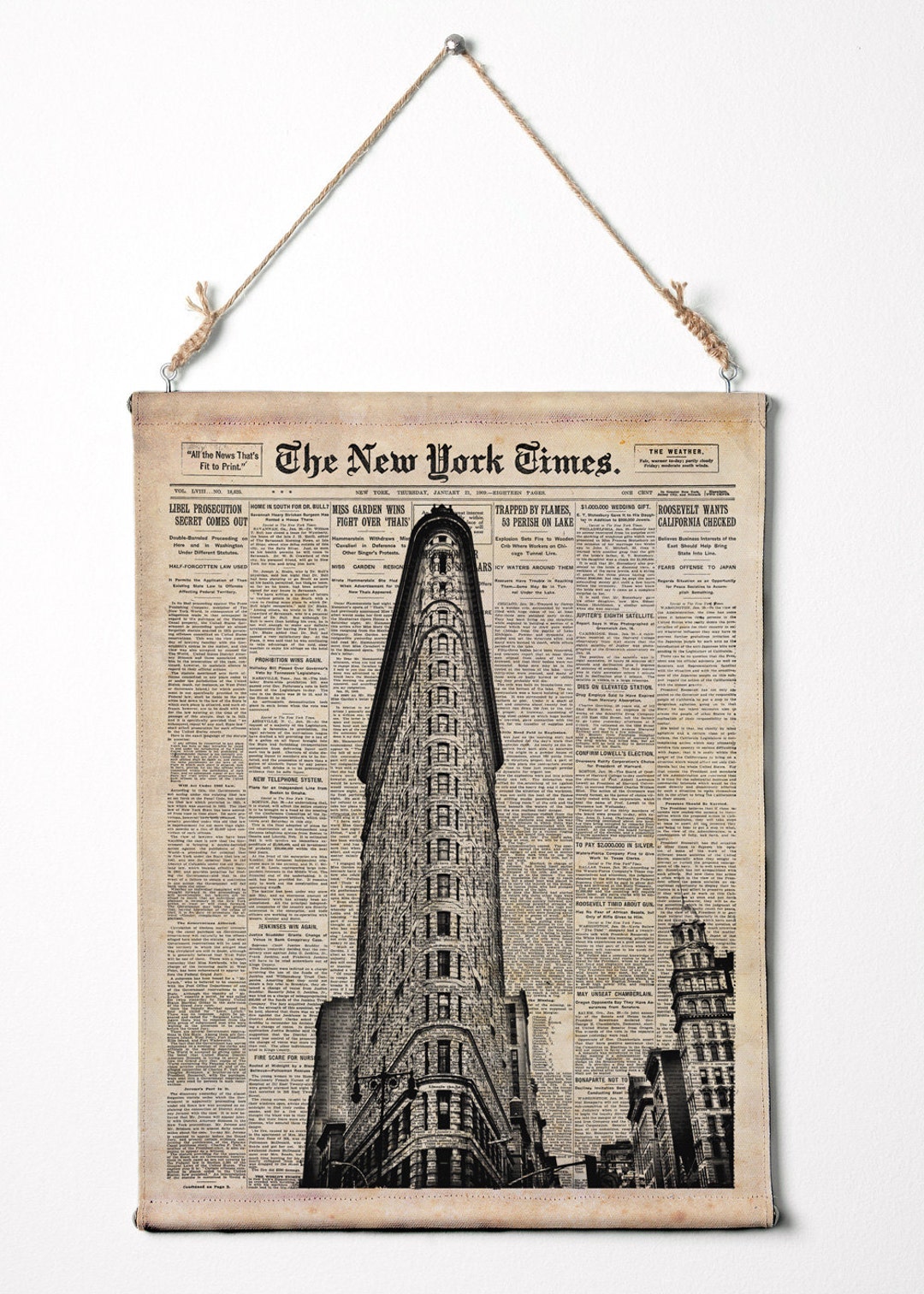 Flat Iron Building on New York Times Paper. NYC Wall Art Canvas Wall ...