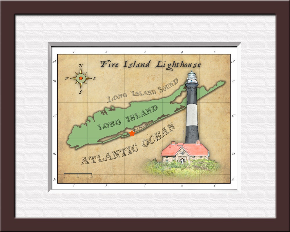 Fire Island Lighthouse and Stylized Long Island Vintage Map. Decoration ...