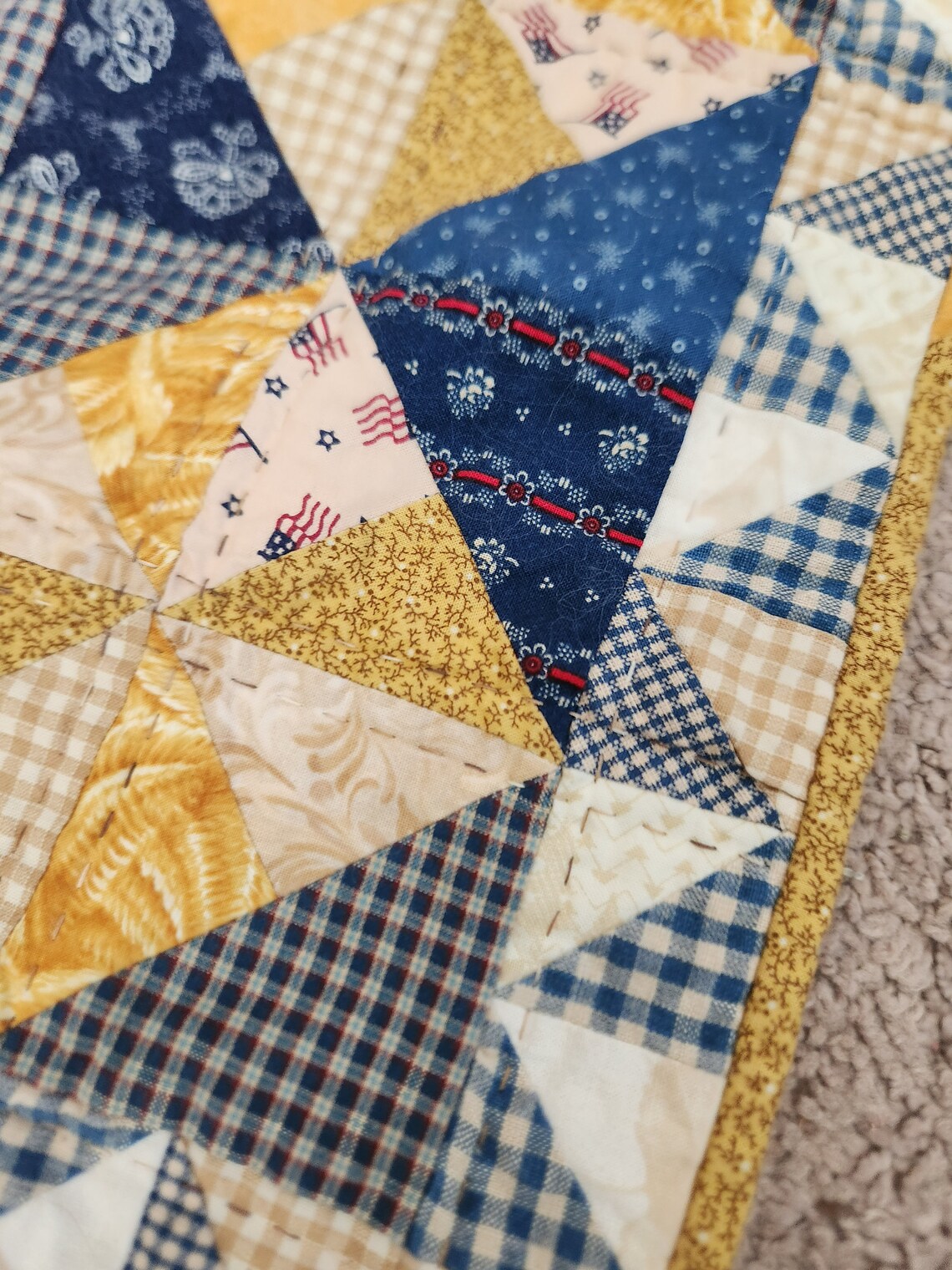 Square Quilted Table Topper Quilt Blue Gold Patriotic Americana ...