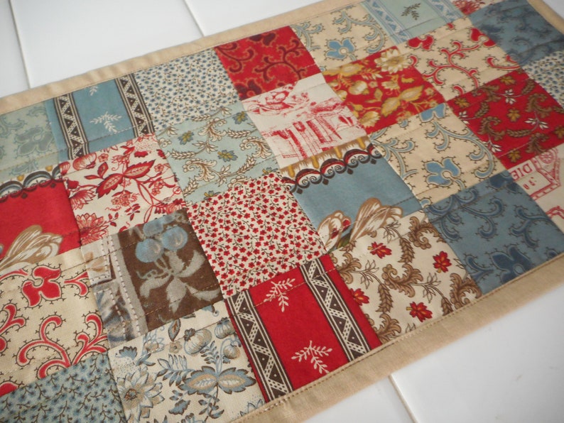 Country Patchwork Quilted Table Runner, Farmhouse Scrappy Red Blue ...