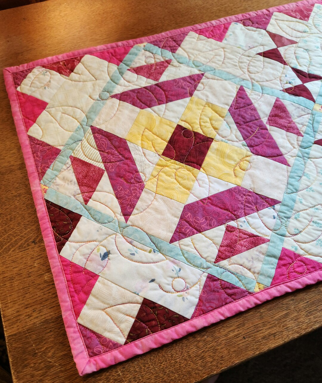 Spring Colors Quilted Table Runner, Pink Yellow Bright Cheerful Quilt ...