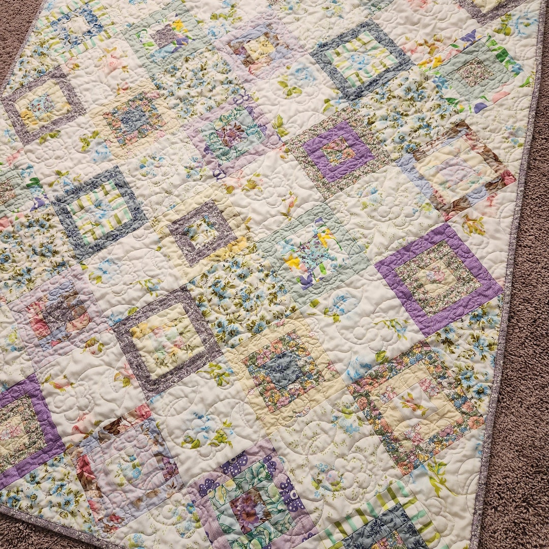 Pastel Floral Fabric Lap Quilt, Repurposed Bedding Quilted Throw ...