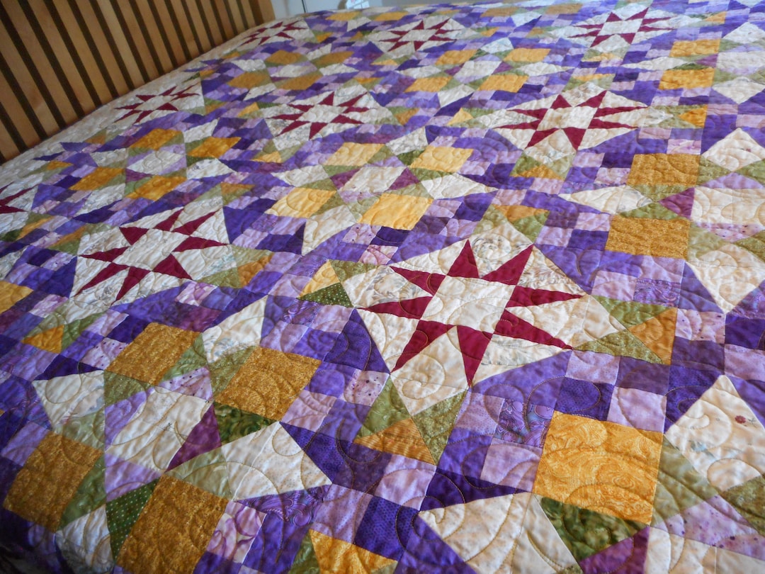Handmade Queen Size Patchwork Quilt: Purple Cream Star Design - Etsy