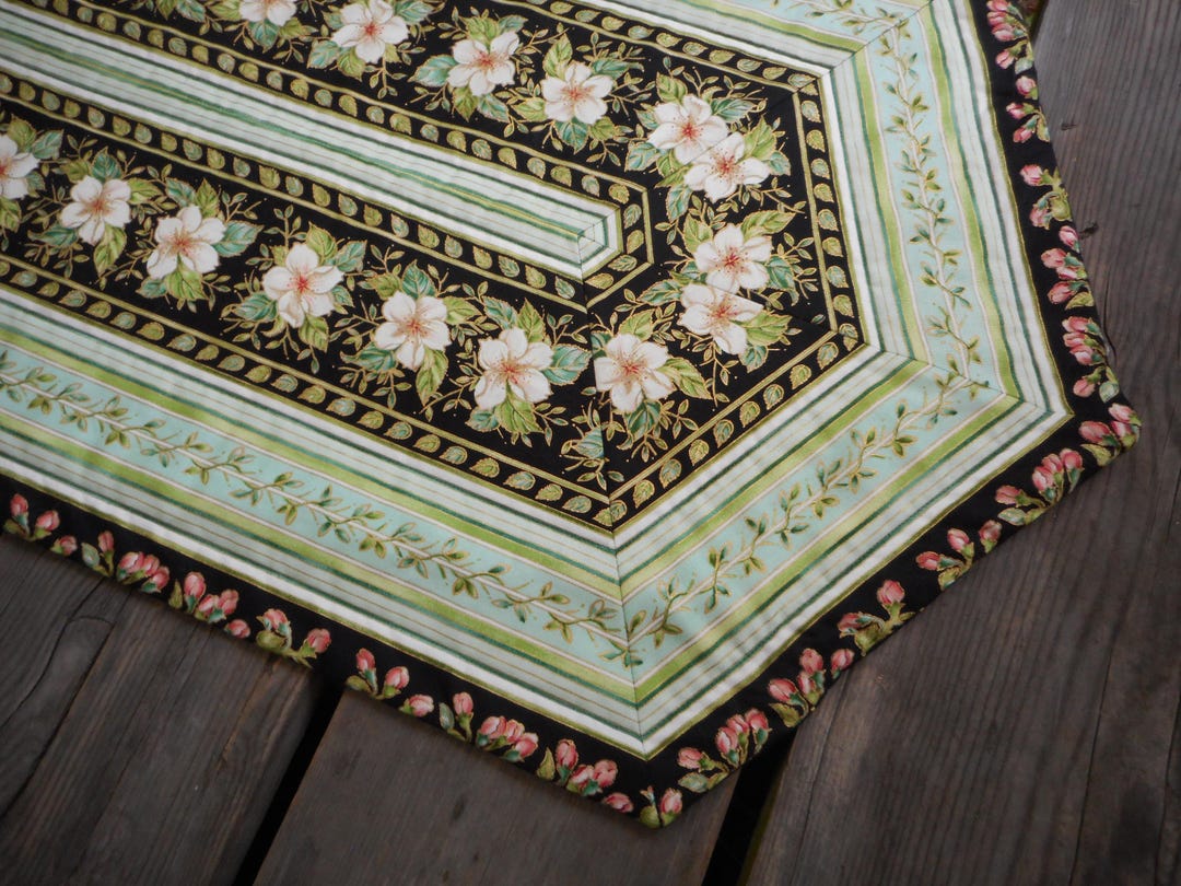 Floral Quilted Table Runner, Green Black Magnolia Blossom Centerpiece ...
