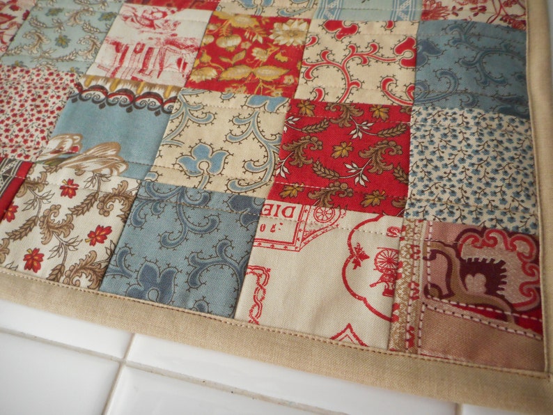 Country Patchwork Quilted Table Runner, Farmhouse Scrappy Red Blue ...