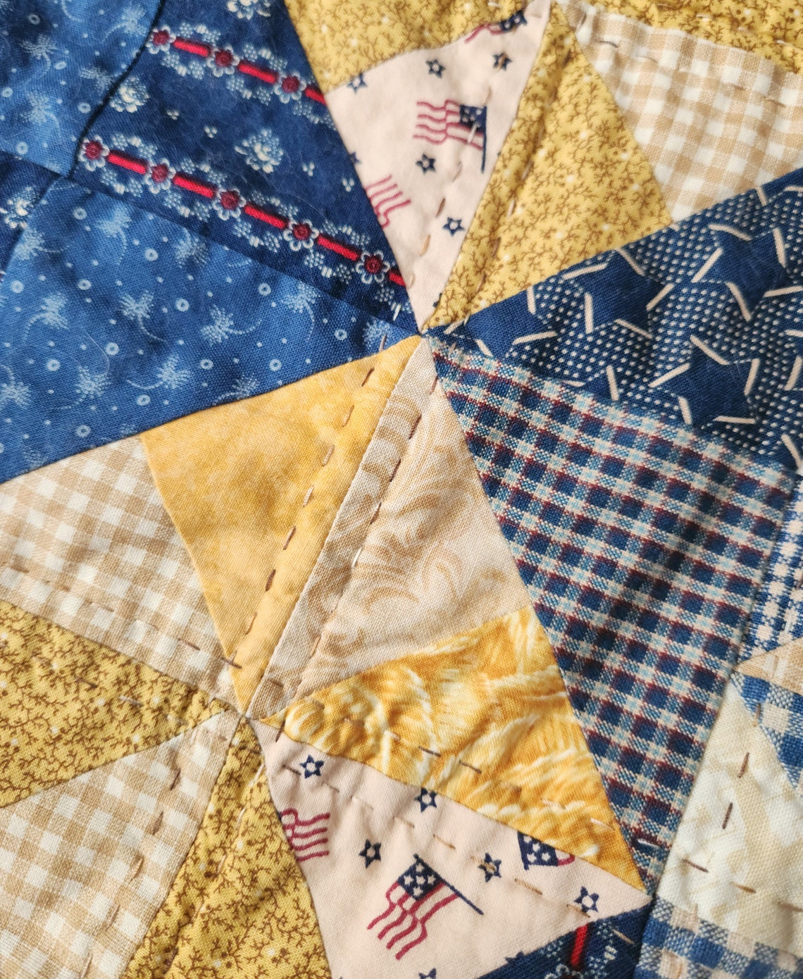 Square Quilted Table Topper Quilt Blue Gold Patriotic Americana ...