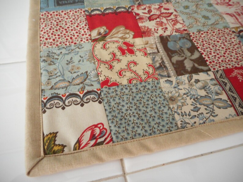 Country Patchwork Quilted Table Runner, Farmhouse Scrappy Red Blue ...