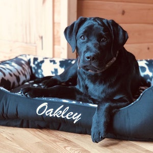 Cow Print Dog Bed, Durable Black White Faux Cowhide, Washable Puppy Bed ...