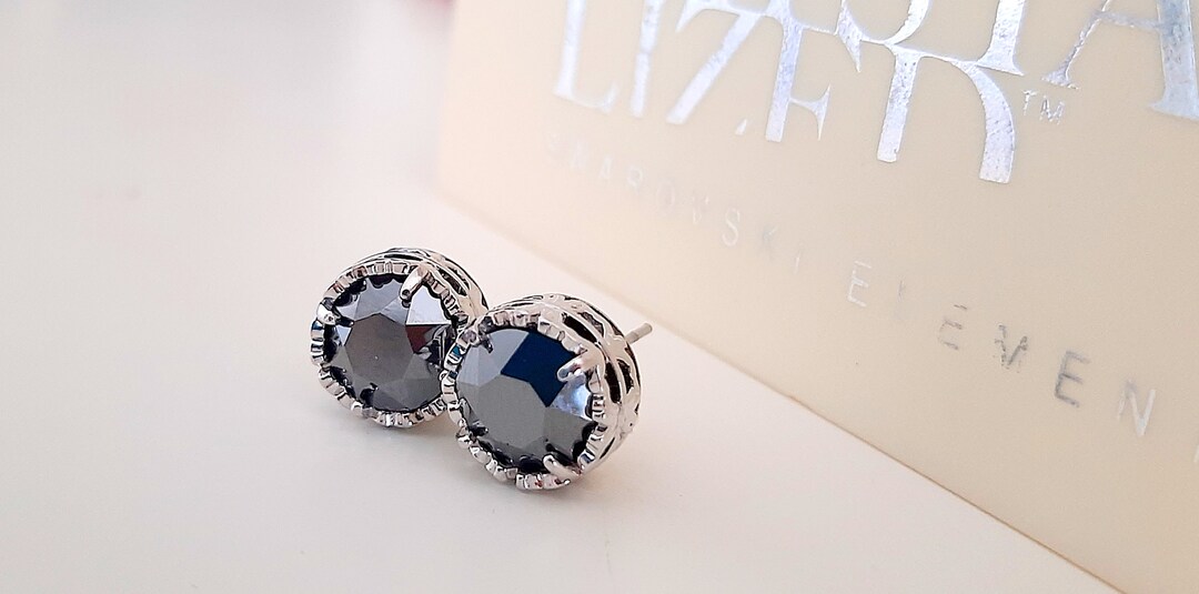 Hematite Stud Earrings Stainless Steel Black Crystal Studs Pierced Post Earrings in Platinum ...
