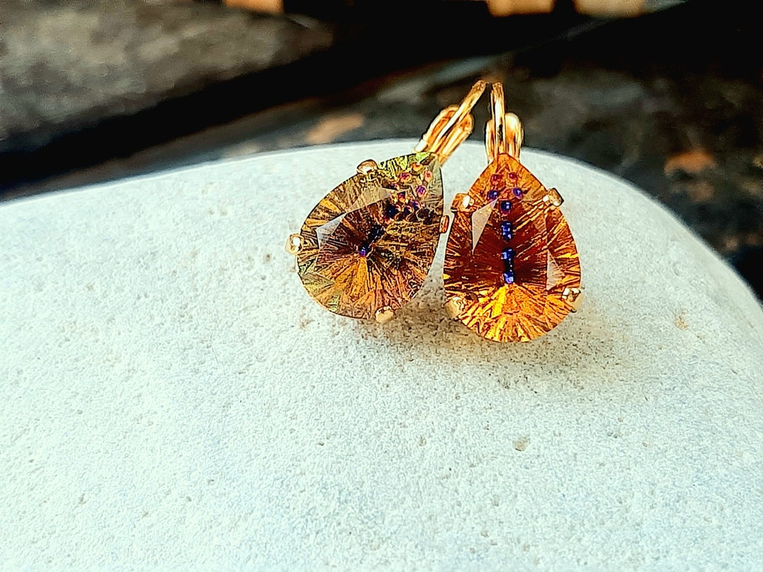 Colorful Vitrail Concave Pear Earrings, Gold Lever Back, Teardrop ...