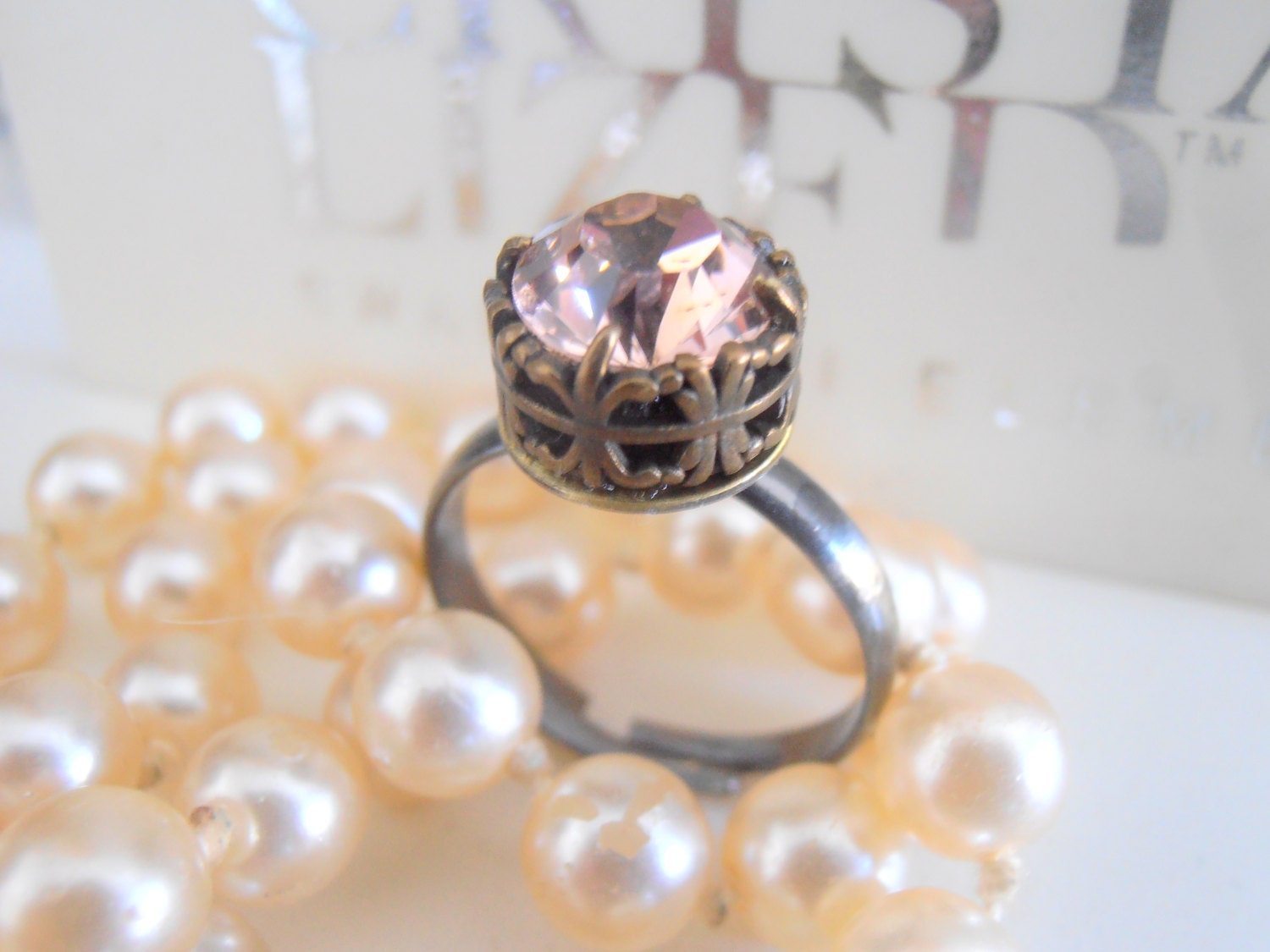 Vintage Rose Crystal Statement Stackable Ring / Art Deco Bronze Jewelry ...