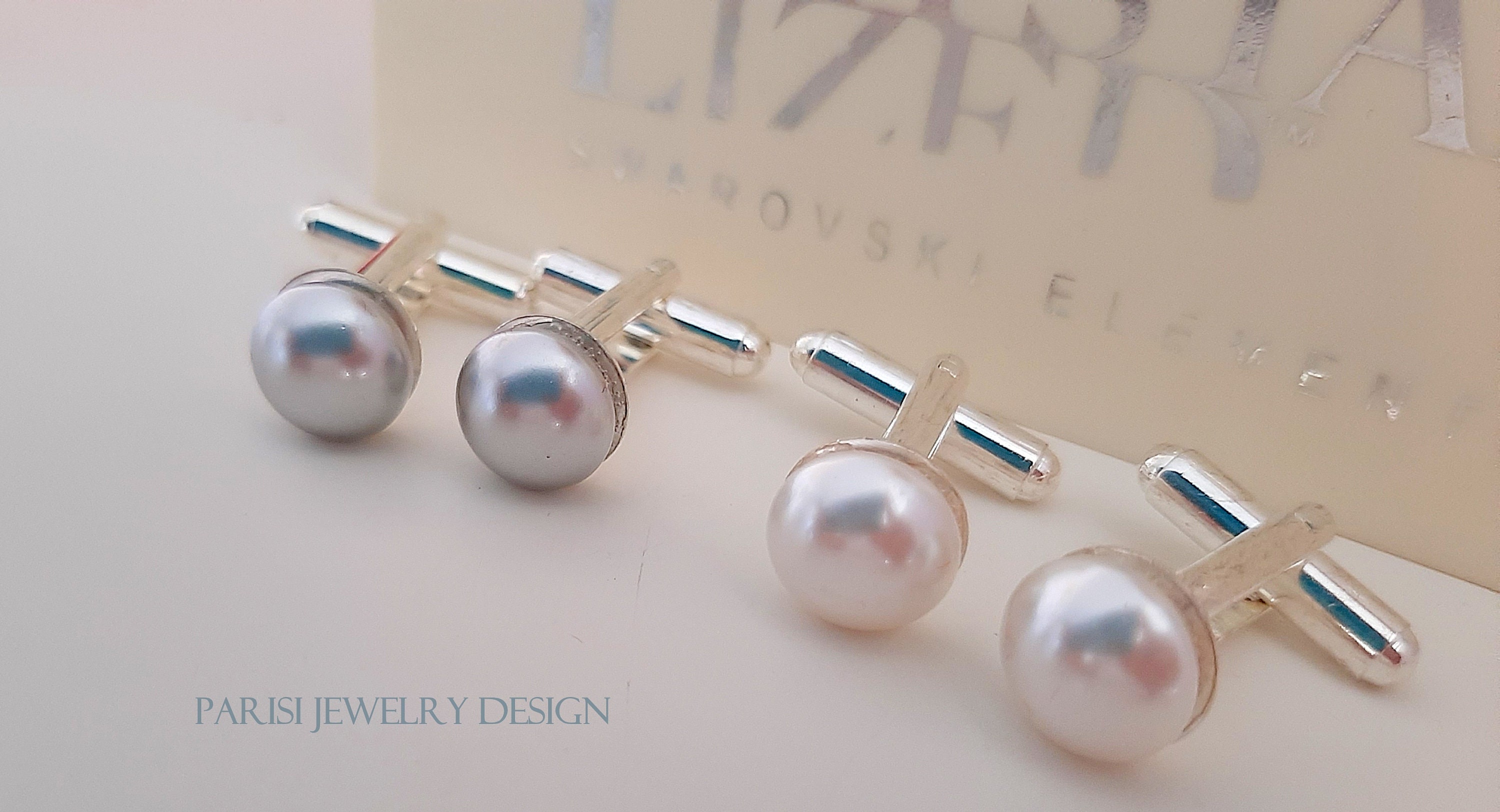 Grey Pearl Cufflinks with Swarovski / Suit and Tie Groom Cuffs