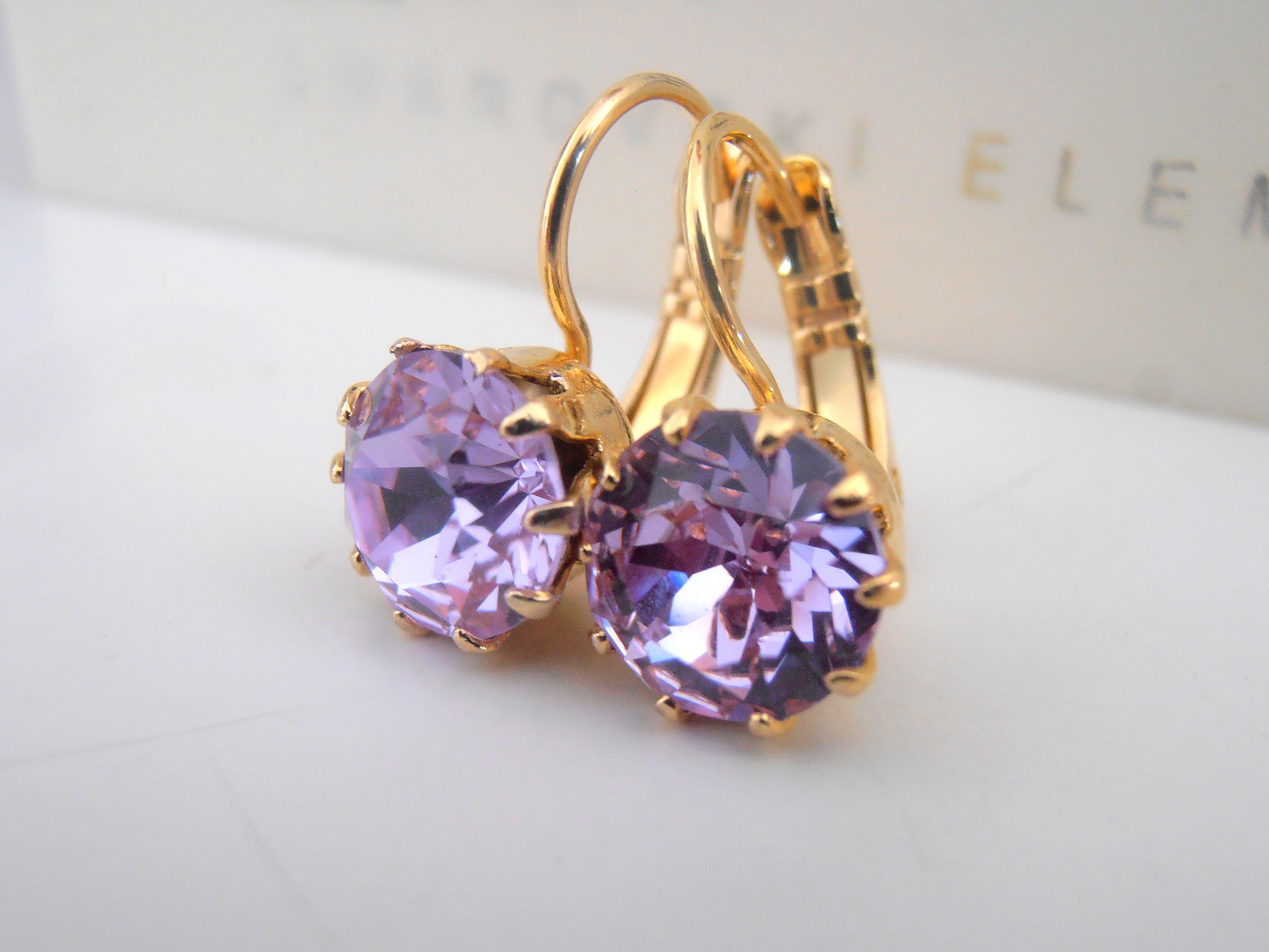 Violet Gold Lever back Drop Earrings with Genuine Crystal Chatons 8mm