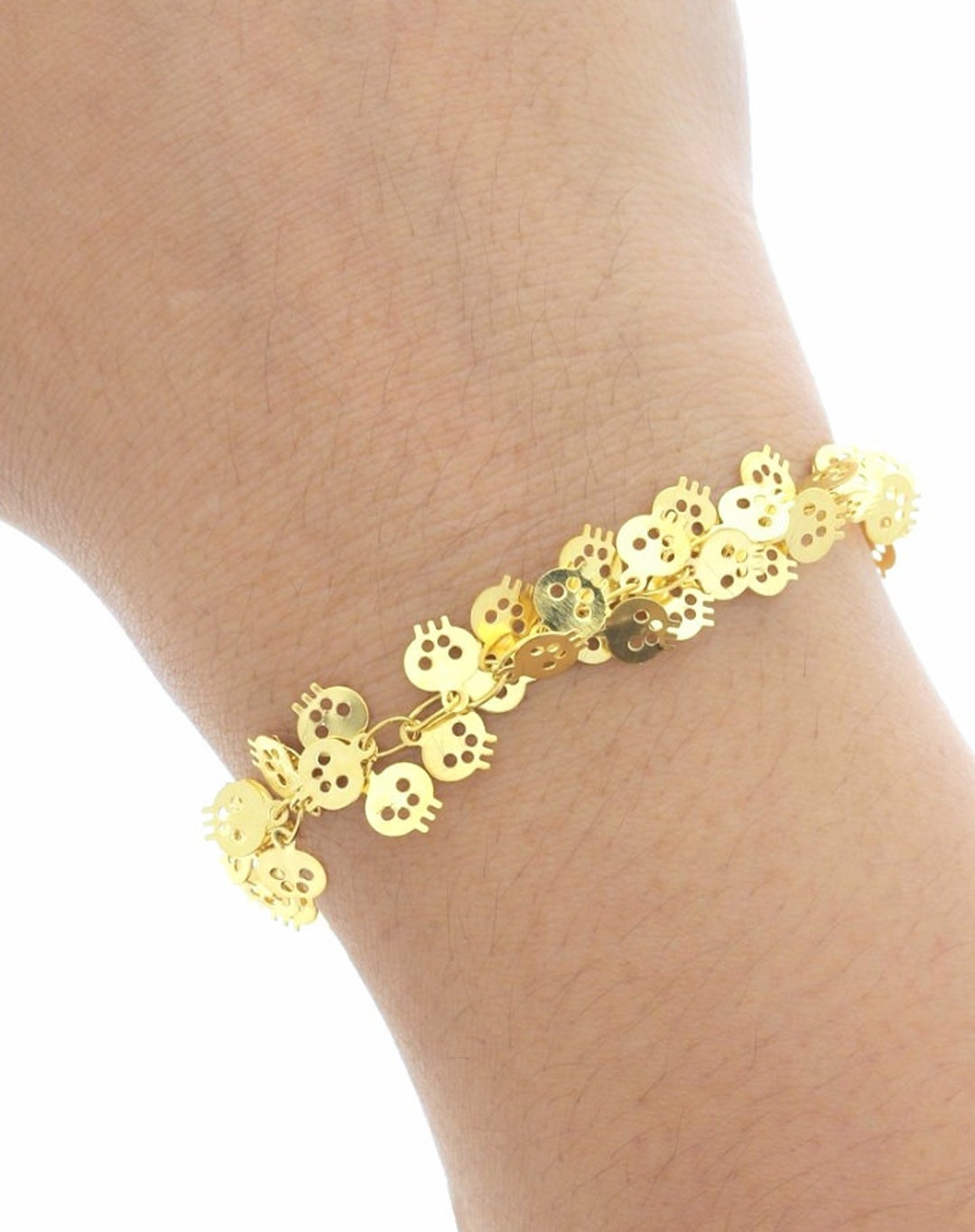 Metal Skull Charm Chain Bracelet, Gold Everyday Jewelry, Statement Cuff ...