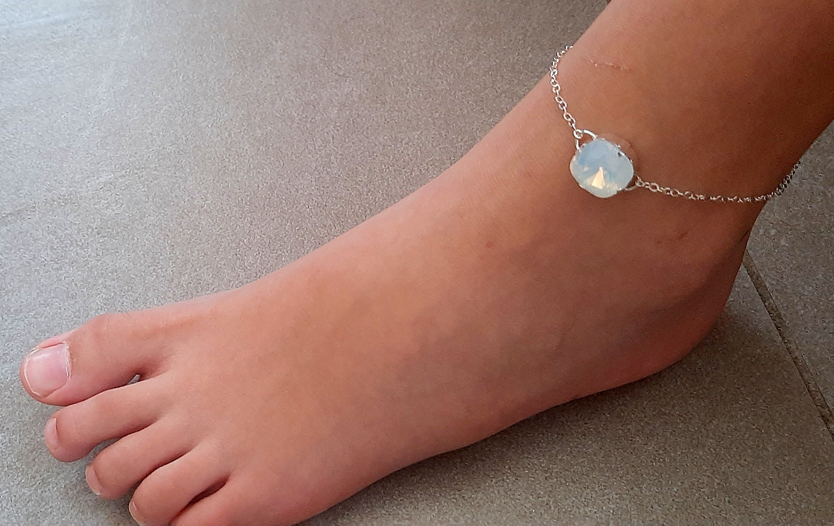 White Opal Chain Foot Anklet w/ Swarovski Crystals / Sandal Bracelet