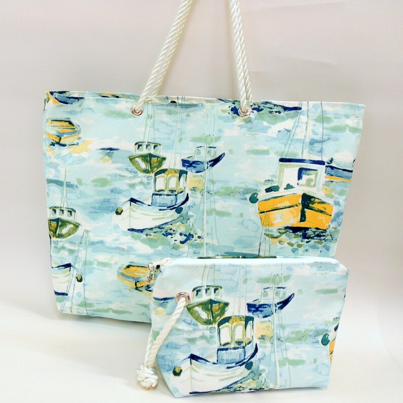 Sailcloth Lined Tote, Watercolor Boats Design, Beach Bag, Boat Bag ...